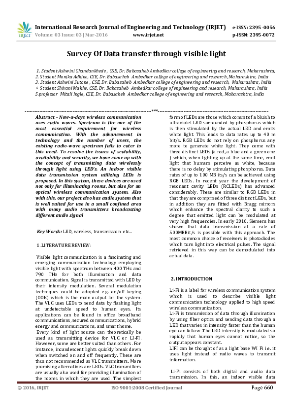 (PDF) Survey Of Data transfer through visible light | IRJET Journal ...