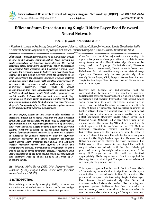 Pdf Efficient Spam Detection Using Single Hidden Layer Feed Forward Neural Network