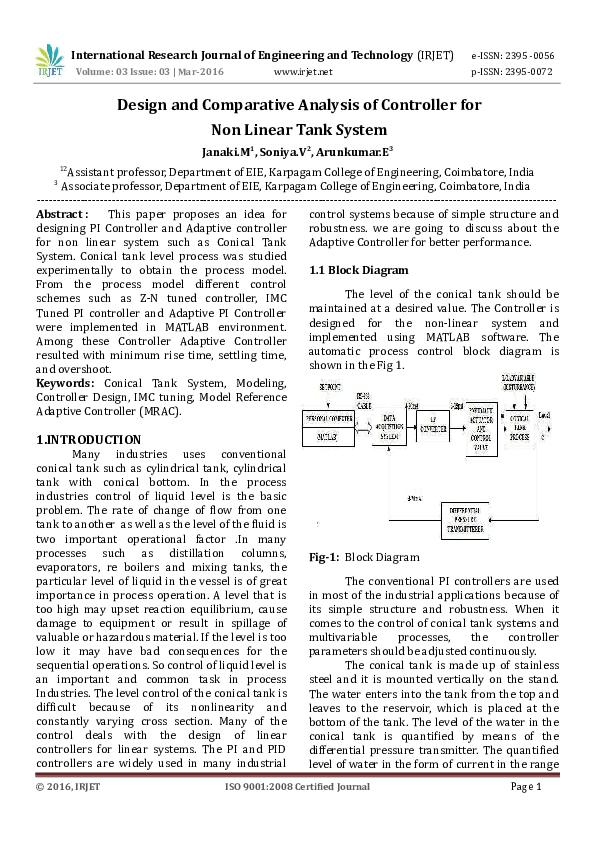 (PDF) Design and Comparative Analysis of Controller for Non Linear Tank ...