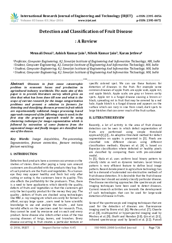(PDF) Detection and Classification of Fruit Disease- A Review