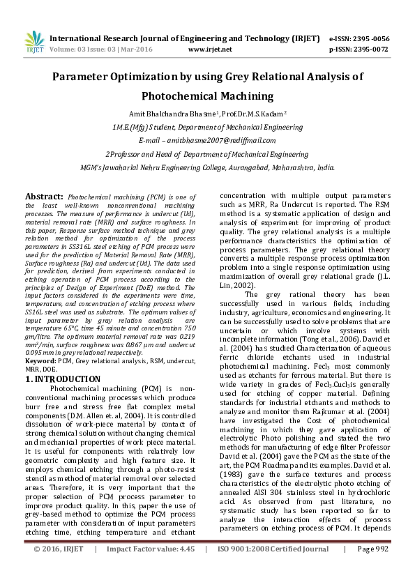 (PDF) Parameter Optimization by using Grey Relational Analysis of Photochemical Machining