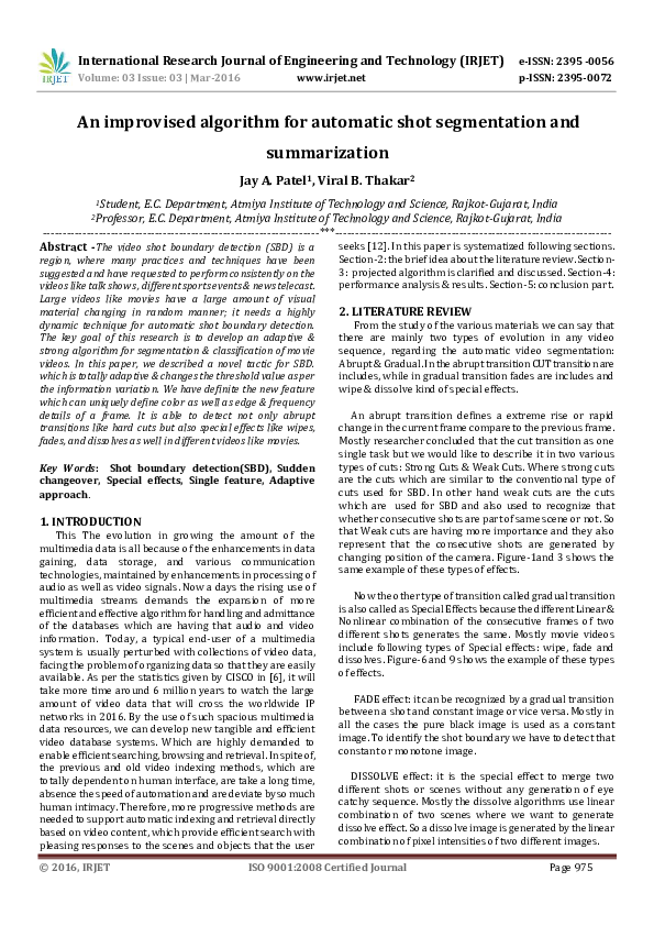 Pdf An Improvised Algorithm For Automatic Shot Segmentation And Summarization Irjet Journal