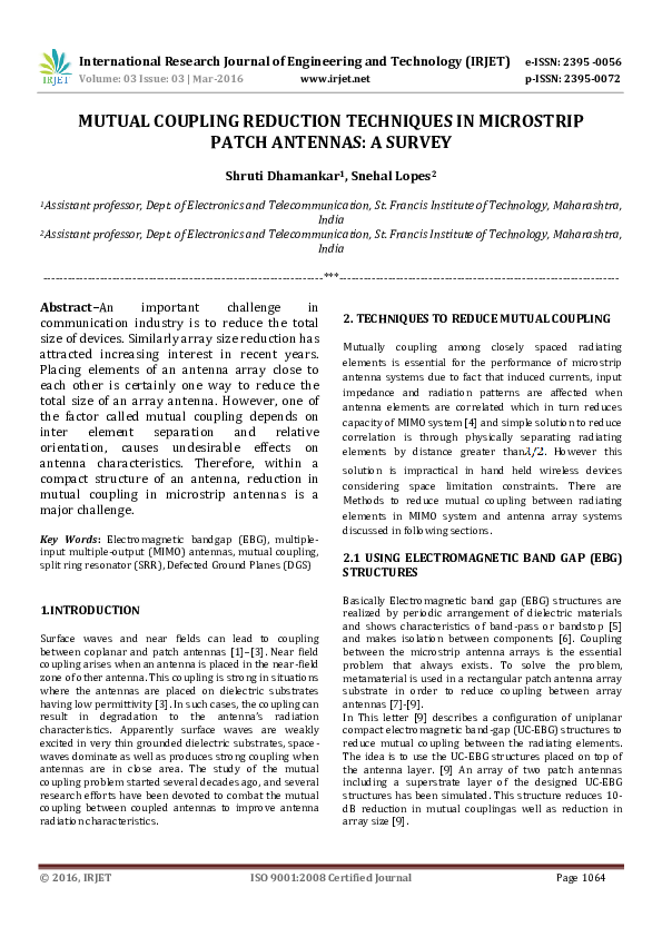 (PDF) MUTUAL COUPLING REDUCTION TECHNIQUES IN MICROSTRIP PATCH ANTENNAS: A SURVEY