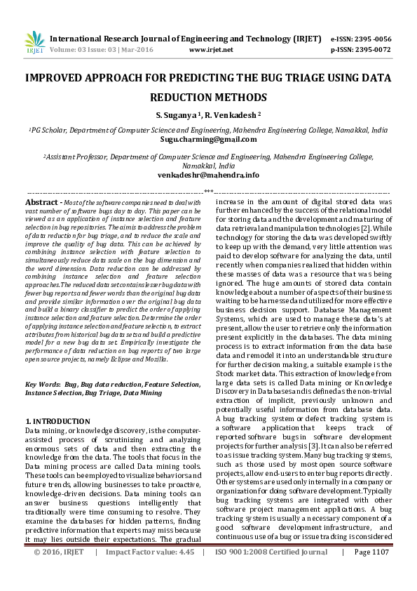 Pdf Improved Approach For Predicting The Bug Triage Using Data Reduction Methods