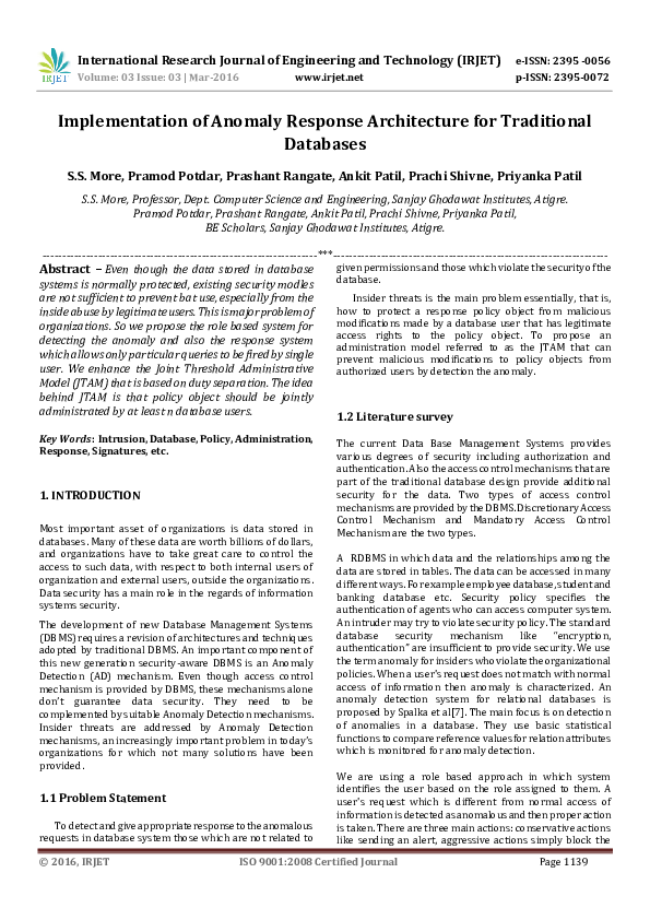 (PDF) Implementation of Anomaly Response Architecture for Traditional Databases