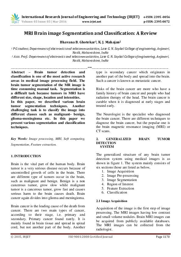 (PDF) MRI Brain image Segmentation and Classification: A Review