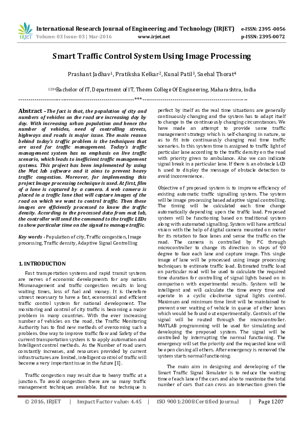 (PDF) Smart Traffic Control System Using Image Processing