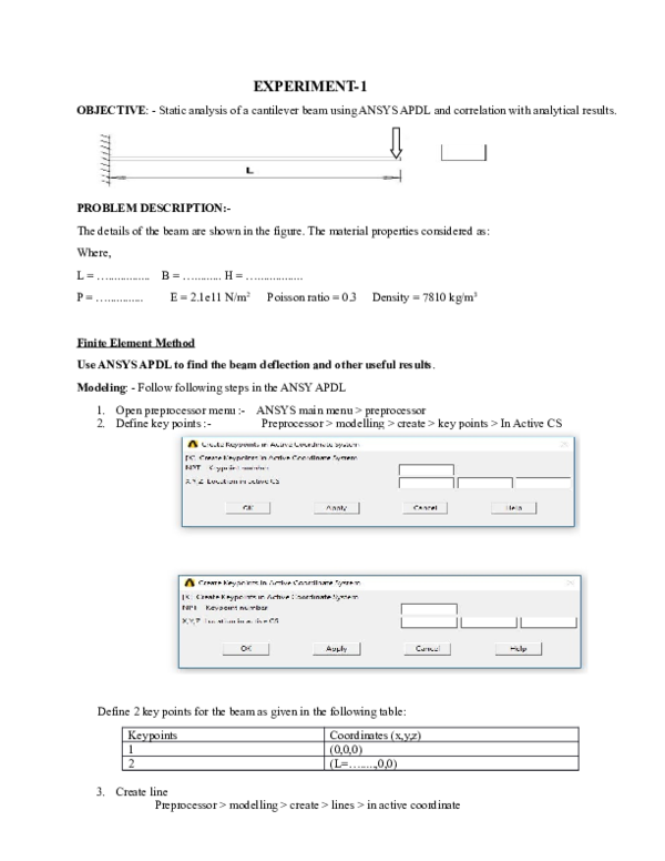 Doc Experiment 1 Objective Static Analysis Of A Cantilever Beam Using Ansys Apdl And 3188