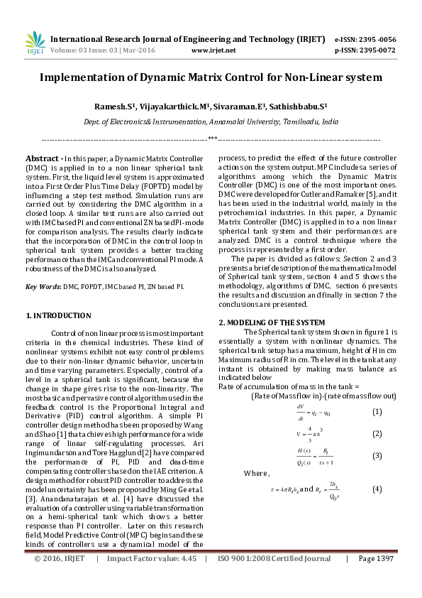 (PDF) Implementation of Dynamic Matrix Control for Non-Linear system