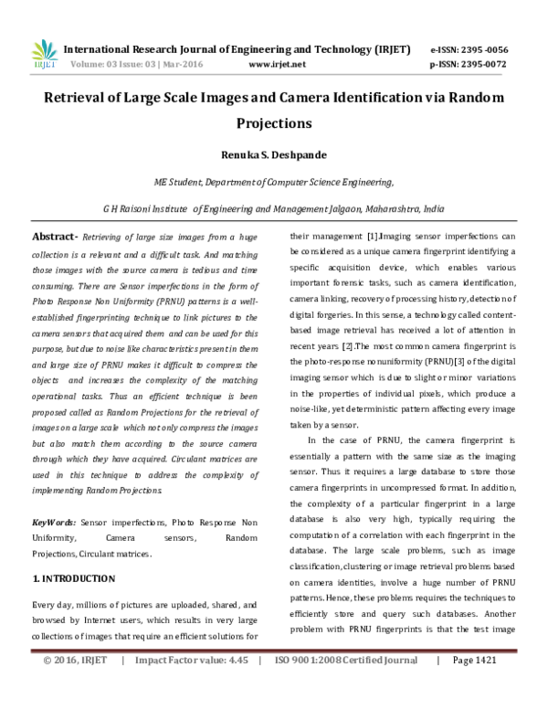 Pdf Retrieval Of Large Scale Images And Camera Identification Via Random Projections