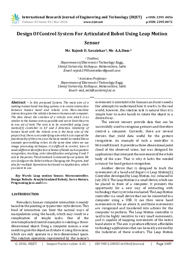 Pdf Design Of Control System For Articulated Robot Using Leap Motion Sensor