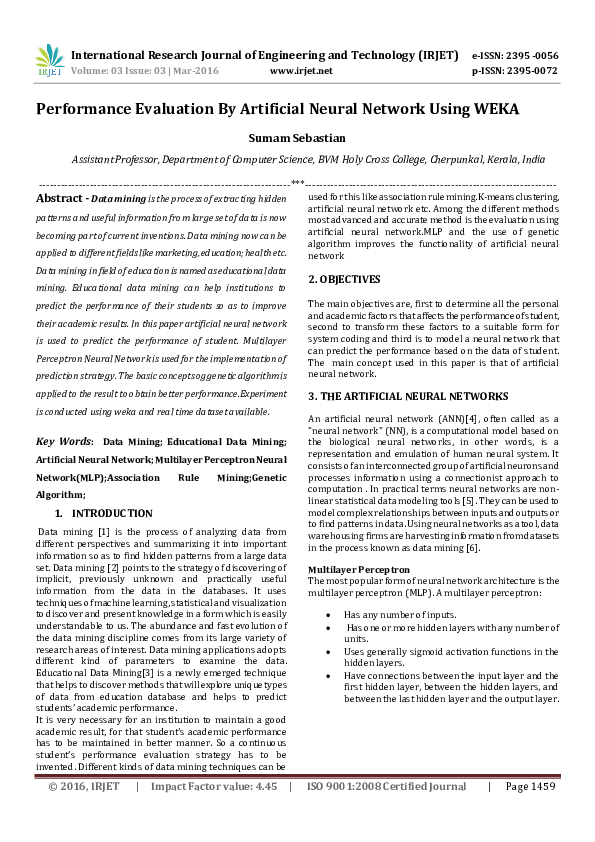Pdf Performance Evaluation By Artificial Neural Network Using Weka