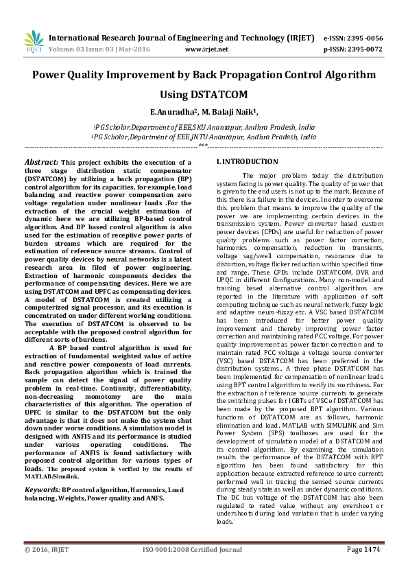 Pdf Power Quality Improvement By Back Propagation Control Algorithm Using Dstatcom