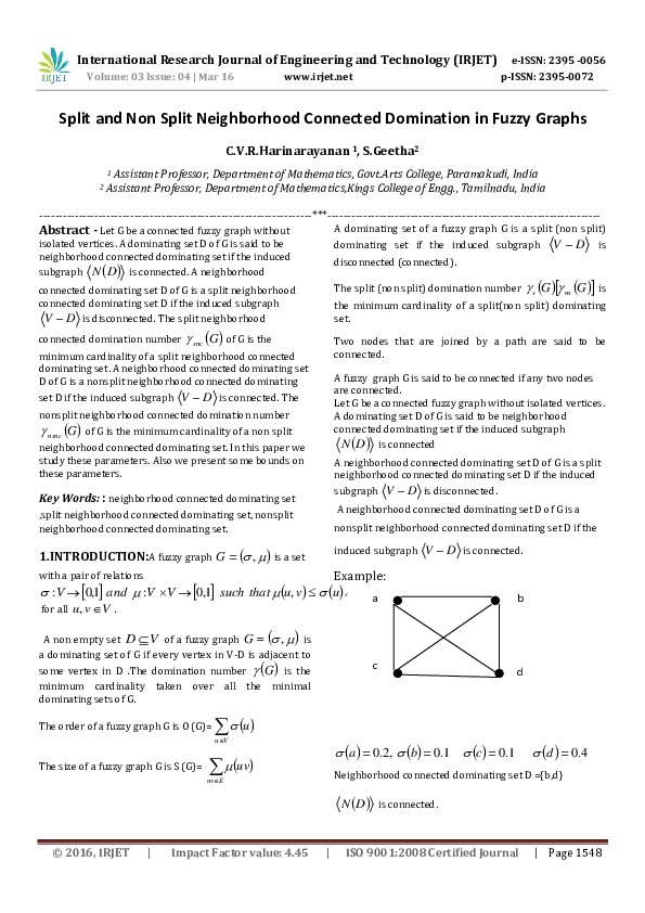 (PDF) Split and Non Split Neighborhood Connected Domination in Fuzzy Graphs