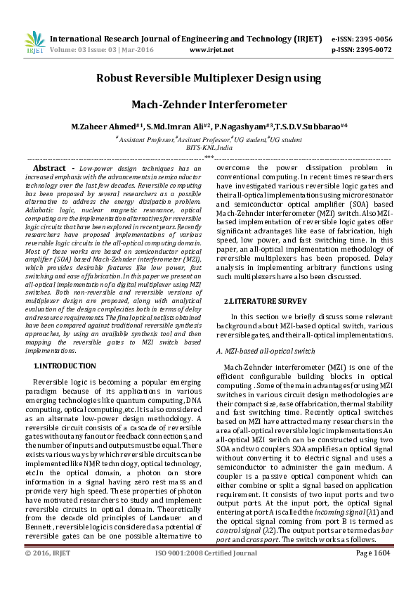 (PDF) Robust Reversible Multiplexer Design using Mach-Zehnder Interferometer