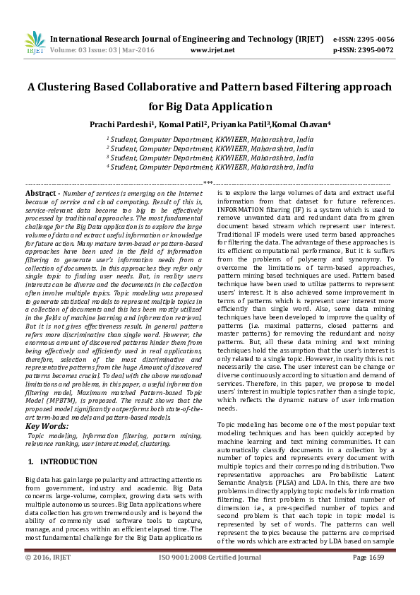 Pdf A Clustering Based Collaborative And Pattern Based Filtering Approach For Big Data Application