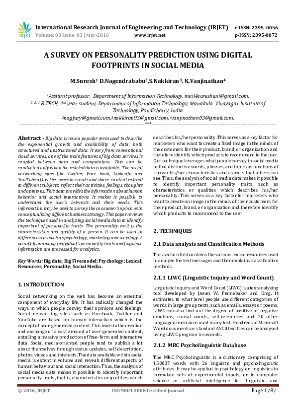 (PDF) A SURVEY ON PERSONALITY PREDICTION USING DIGITAL FOOTPRINTS IN SOCIAL MEDIA