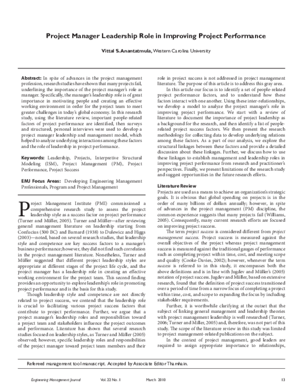 (PDF) Project Manager Leadership Role in Improving Project Performance