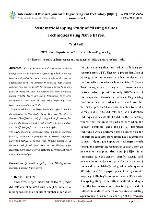 (PDF) Systematic Mapping Study of Missing Values Techniques using Naive Bayes