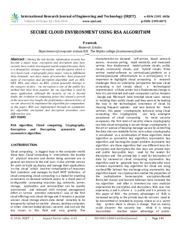 (PDF) SECURE CLOUD ENVIRONMENT USING RSA ALGORITHM | IRJET Journal - Academia.edu