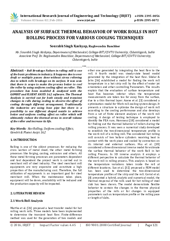 (PDF) ANALYSIS OF SURFACE THERMAL BEHAVIOR OF WORK ROLLS IN HOT ROLLING ...