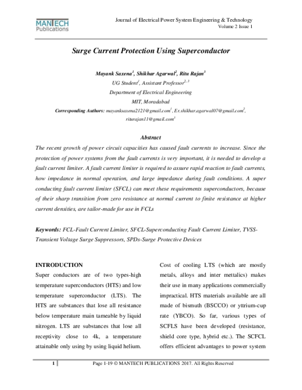 (PDF) Surge Current Protection Using Superconductor