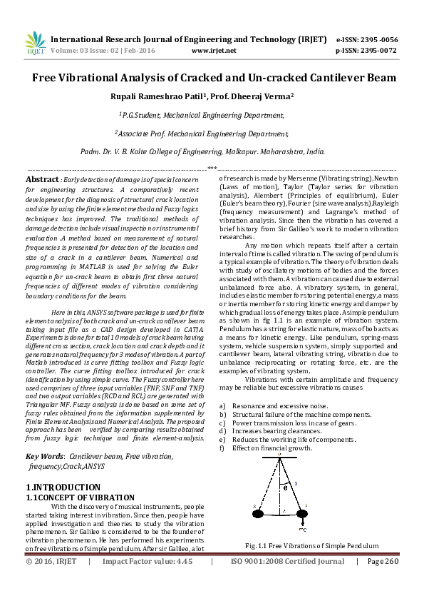 (PDF) Free Vibrational Analysis of Cracked and Un-cracked Cantilever Beam