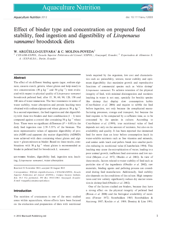 (PDF) Effect of binder type and concentration on prepared feed stability, feed ingestion and ...
