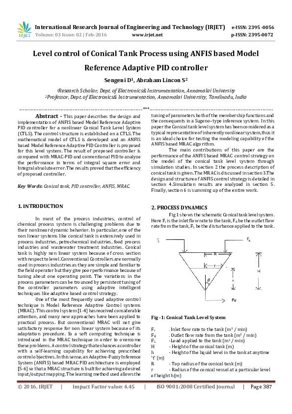(PDF) Level control of Conical Tank Process using ANFIS based Model Reference Adaptive PID ...