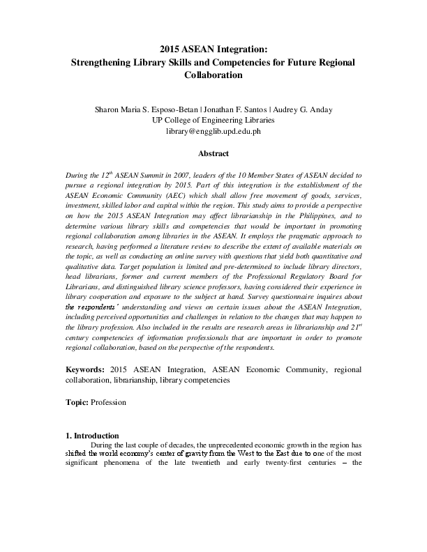 (PDF) 2015 ASEAN Integration: Strengthening Library Skills and ...