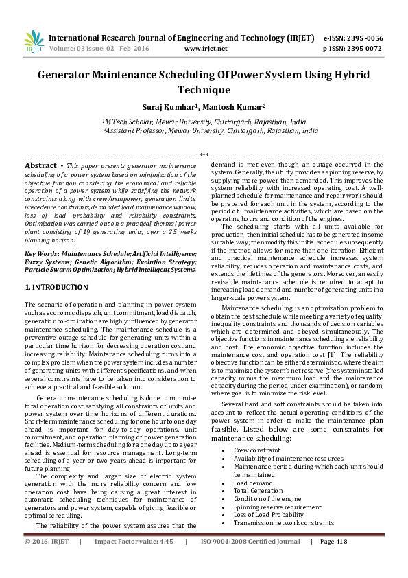 (PDF) Generator Maintenance Scheduling Of Power System Using Hybrid Technique
