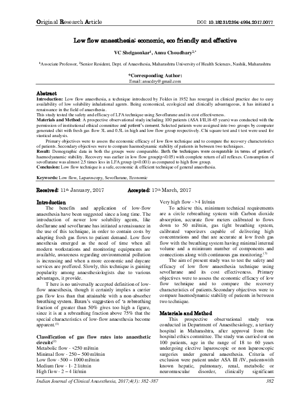 (PDF) Low flow anaesthesia: economic, eco friendly and effective