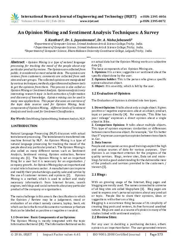 (PDF) An Opinion Mining and Sentiment Analysis Techniques: A Survey
