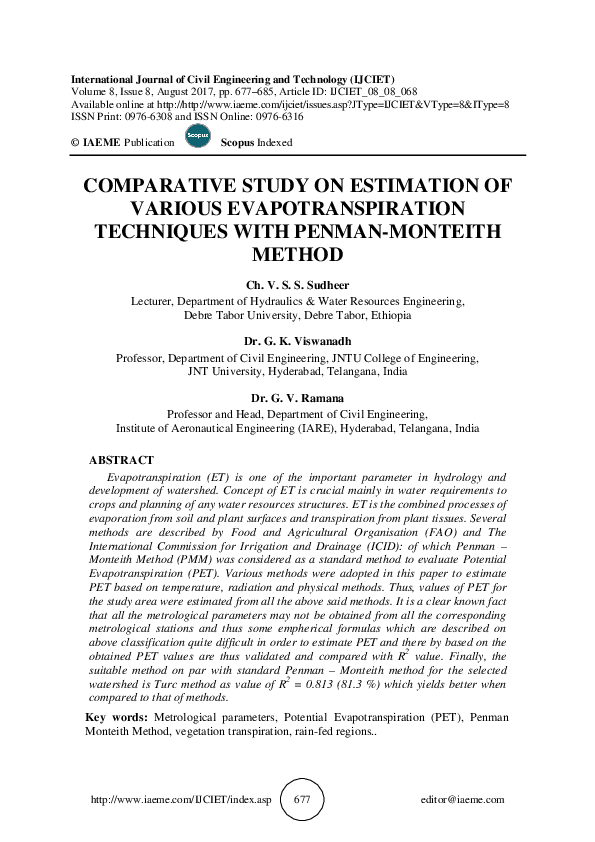 (PDF) COMPARATIVE STUDY ON ESTIMATION OF VARIOUS EVAPOTRANSPIRATION ...