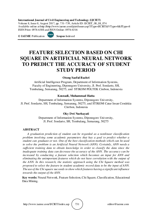 Pdf Feature Selection Based On Chi Square In Artificial Neural Network To Predict The Accuracy