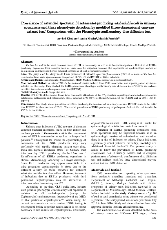 Pdf Prevalence Of Extended Spectrum β Lactamases Producing Escherichia Coli In Urinary