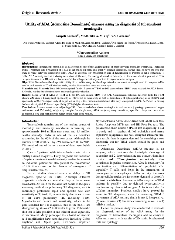 (PDF) Utility of ADA (Adenosine Deaminase) enzyme assay in diagnosis of ...