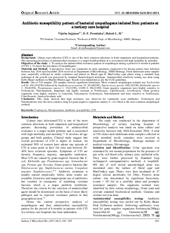 (PDF) Antibiotic susceptibility pattern of bacterial uropathogens isolated from patients at a ...