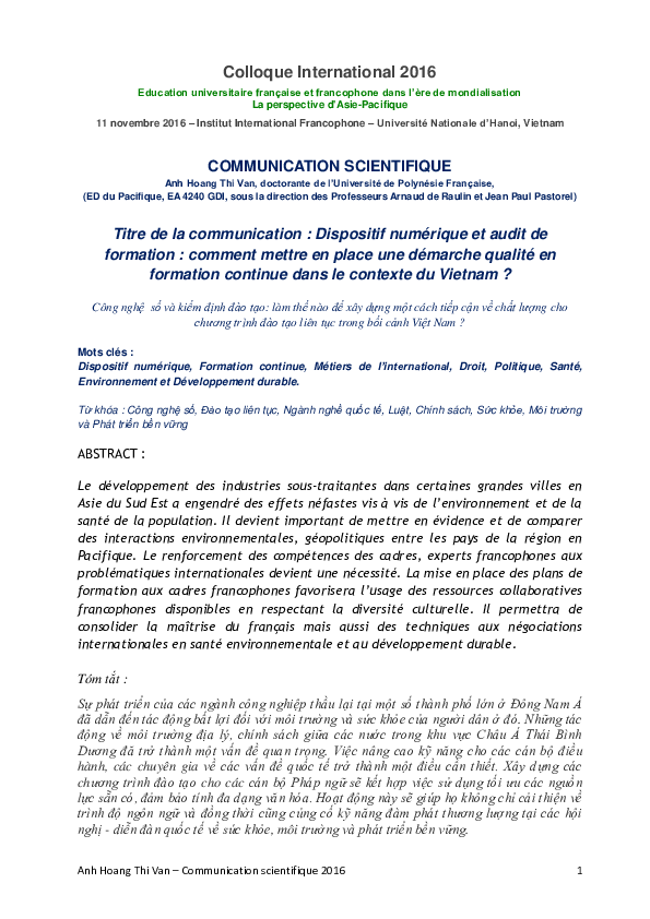 (PDF) Colloque International 2016 - IFI, Hanoi, Vietnam