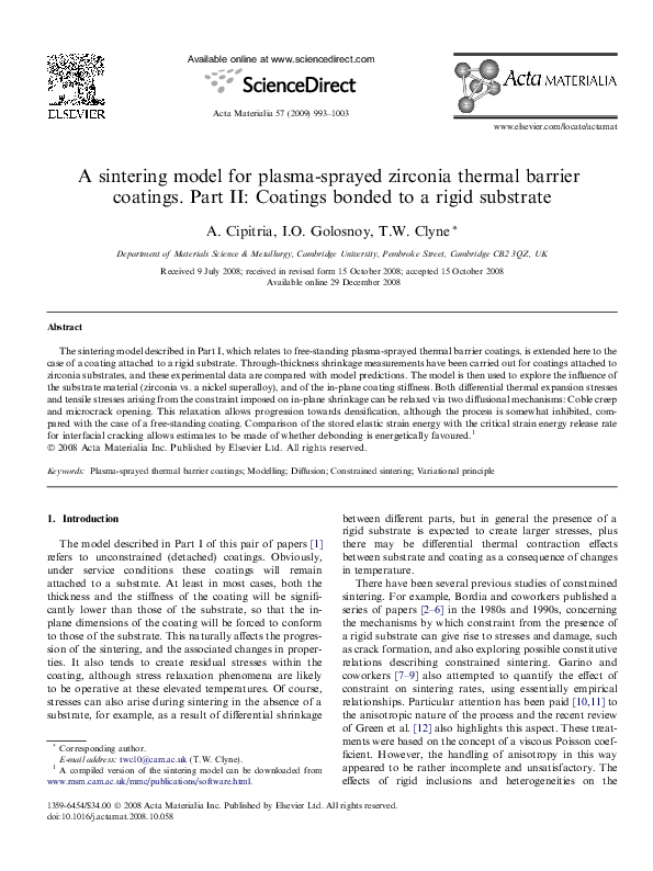 (PDF) A sintering model for plasma-sprayed zirconia thermal barrier coatings. Part II: Coatings ...