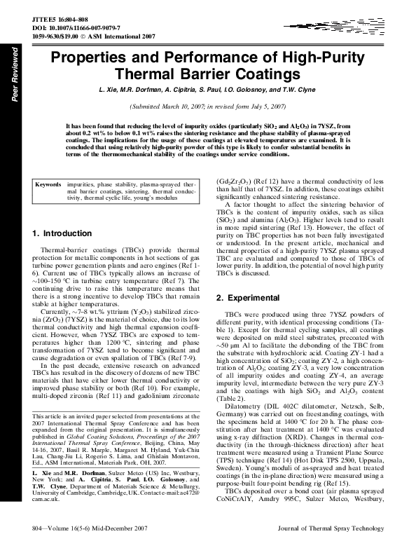 (PDF) Properties and Performance of High-Purity Thermal Barrier Coatings