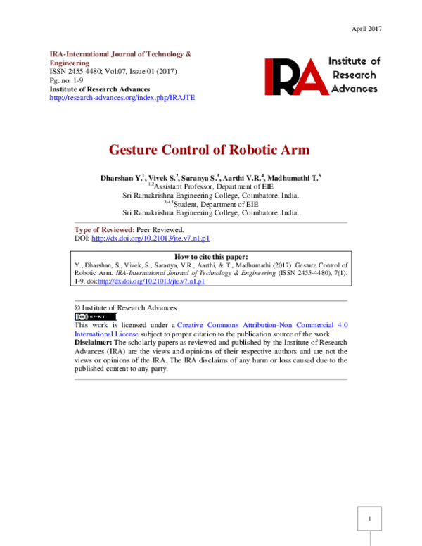 (PDF) Gesture-Controlled Robotic Arm for Industries