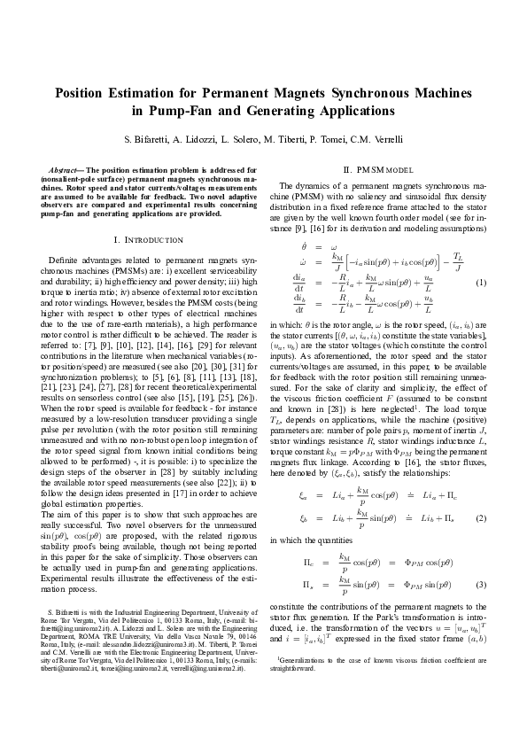 Pdf Position Estimation For Permanent Magnets Synchronous Machines In Pump Fan And Generating