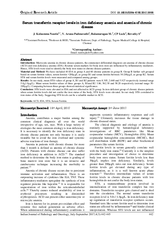 (PDF) Serum transferrin receptor levels in iron deficiency anemia and ...
