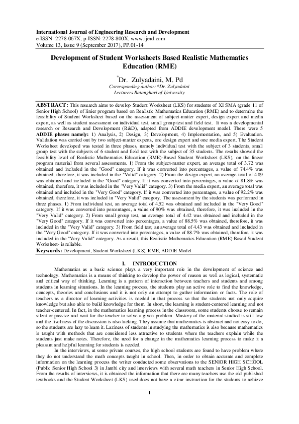 (PDF) Development of Student Worksheets Based Realistic Mathematics ...