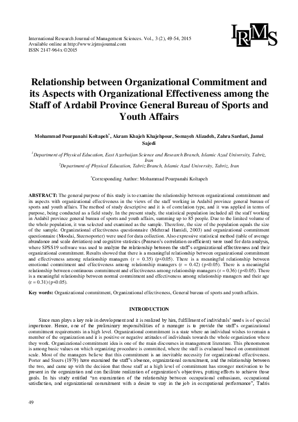 (PDF) Relationship between Organizational Commitment and its Aspects with Organizational ...