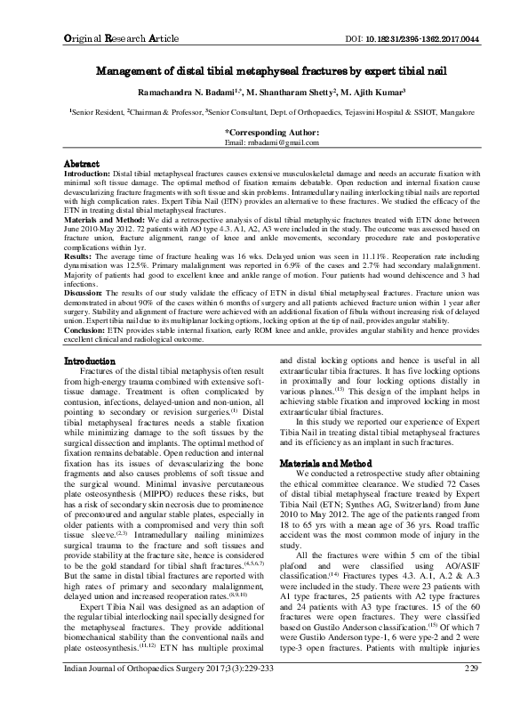 (PDF) Management of distal tibial metaphyseal fractures by expert tibial nail