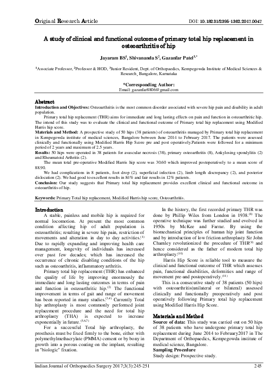 (PDF) A study of clinical and functional outcome of primary total hip ...