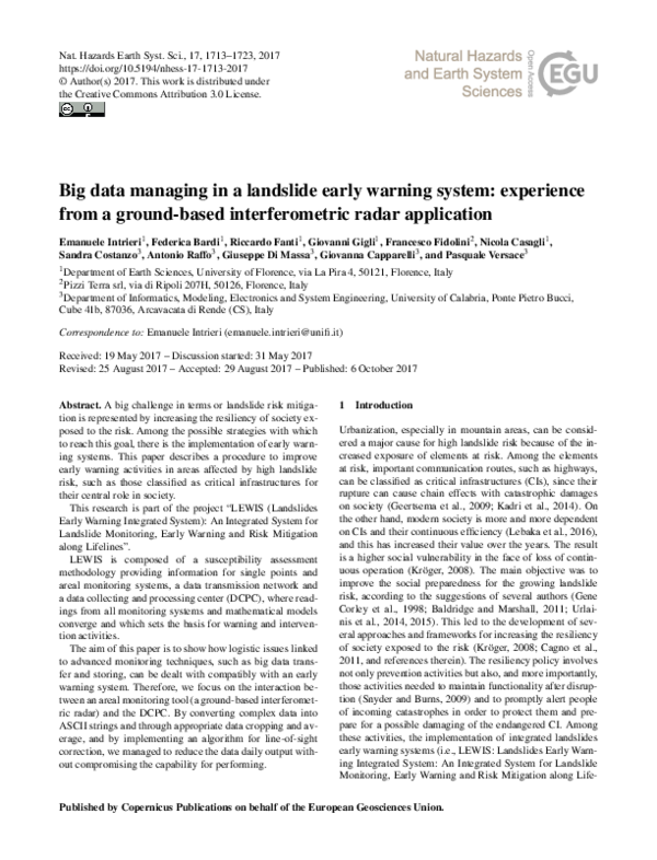 (PDF) Big data managing in a landslide early warning system: experience ...