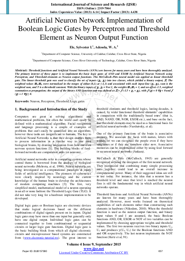 Pdf Artificial Neuron Network Implementation Of Boolean Logic Gates